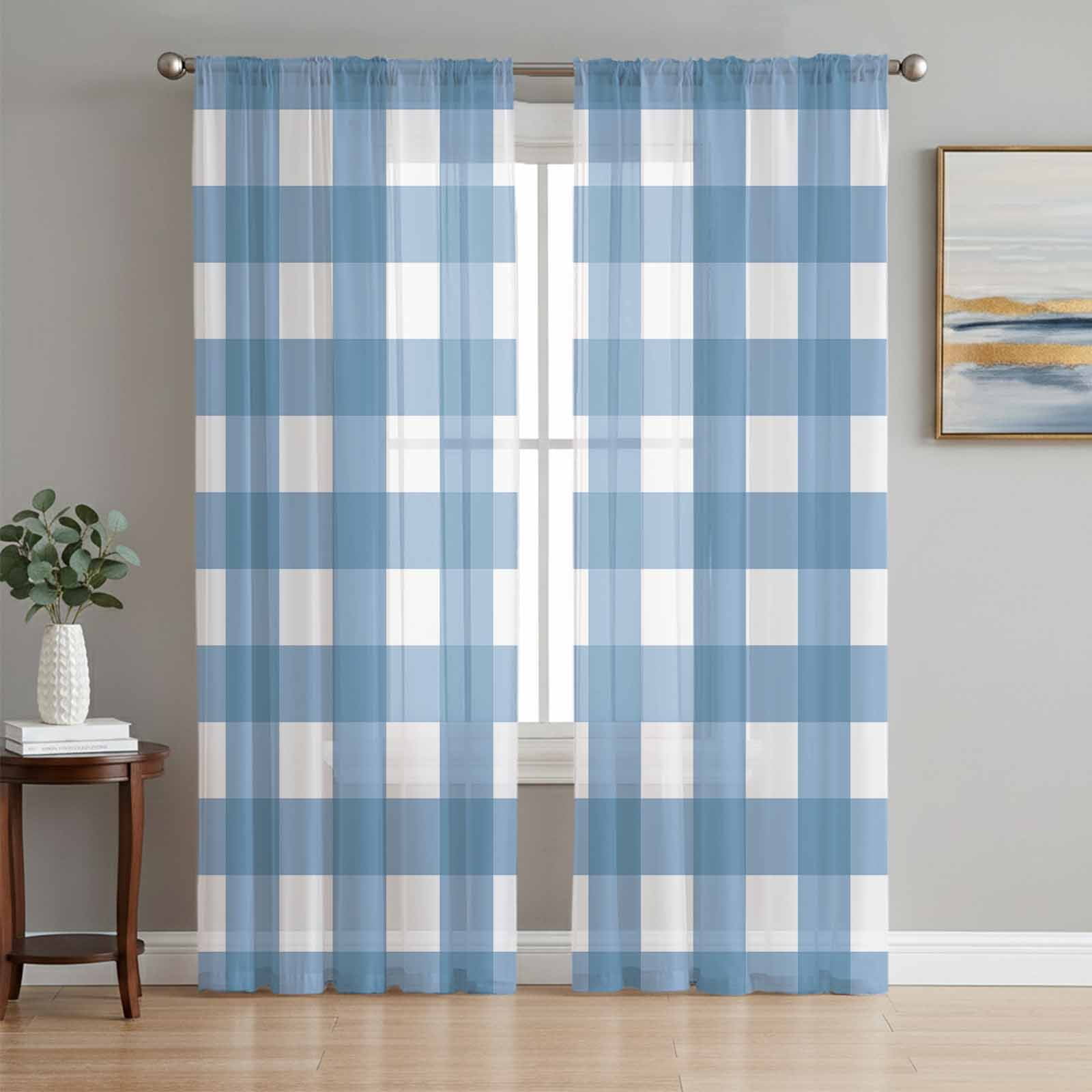Blue White Plaid Semi Sheer Curtains 108 Inch Length 2 Panels Set ...