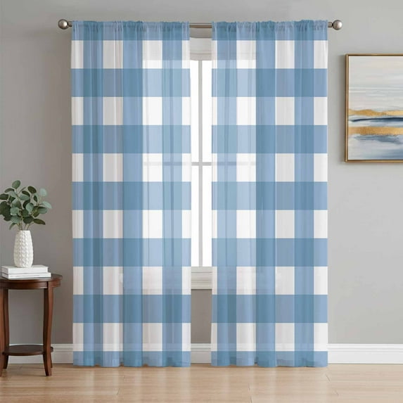 Blue White Plaid Semi Sheer Curtains 96 Inch Length 2 Panels Set ...