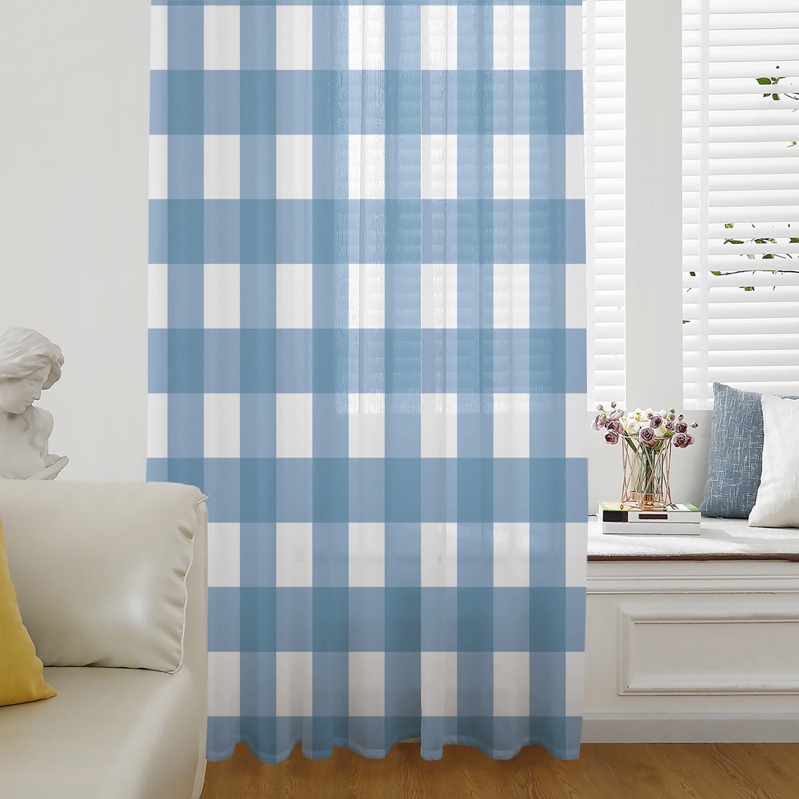 Blue White Plaid Sheer Curtains 63 Inch Length, Light Filtering Voile ...