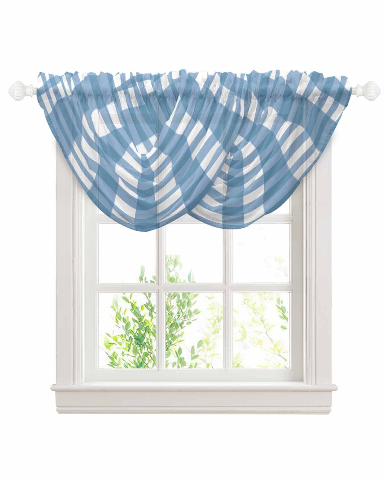 Blue White Plaid Sheer Waterfall Valance Curtains for Window, Gradient ...