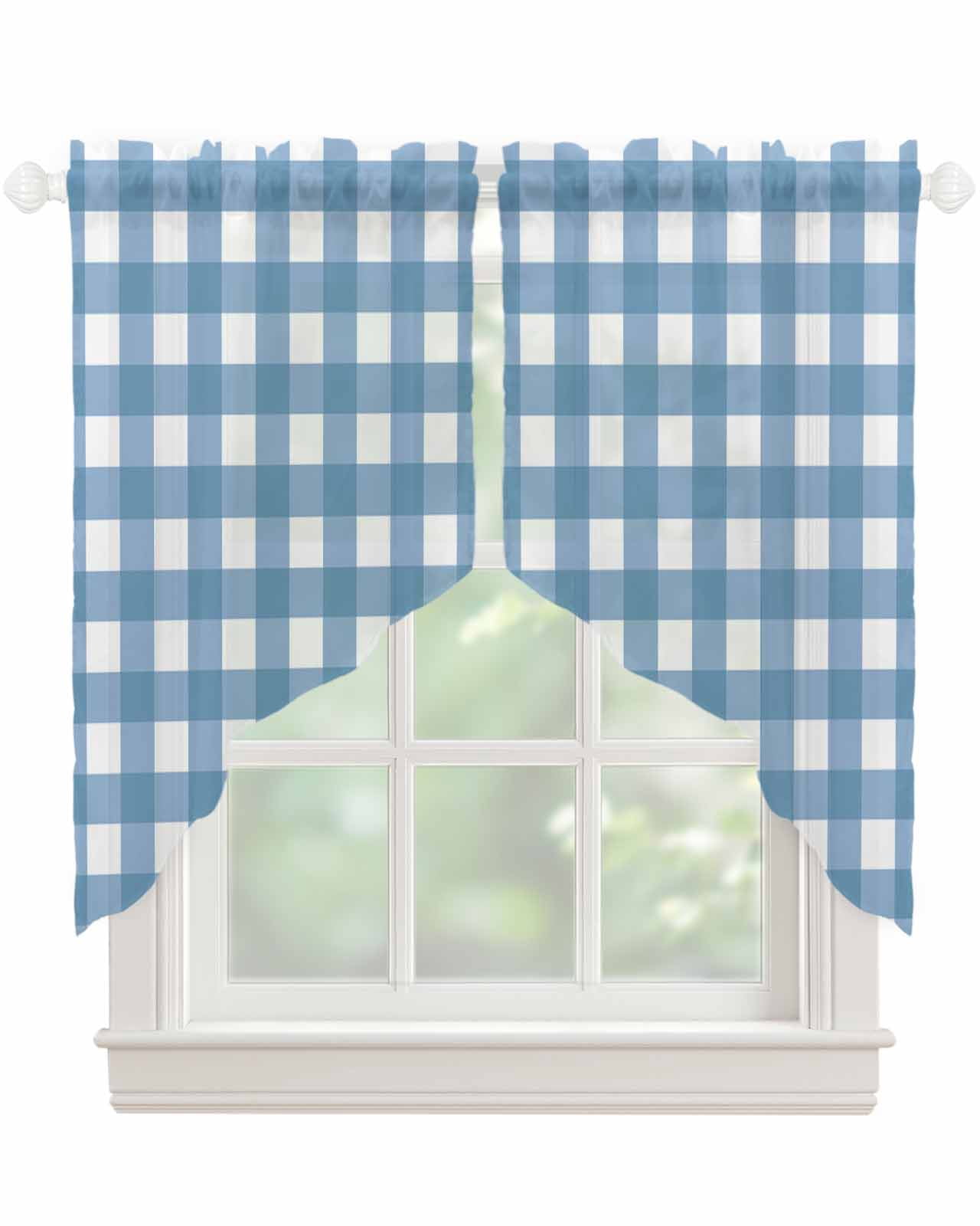 Blue White Plaid Swag Valances for Windows, Gradient Geometric Buffalo ...