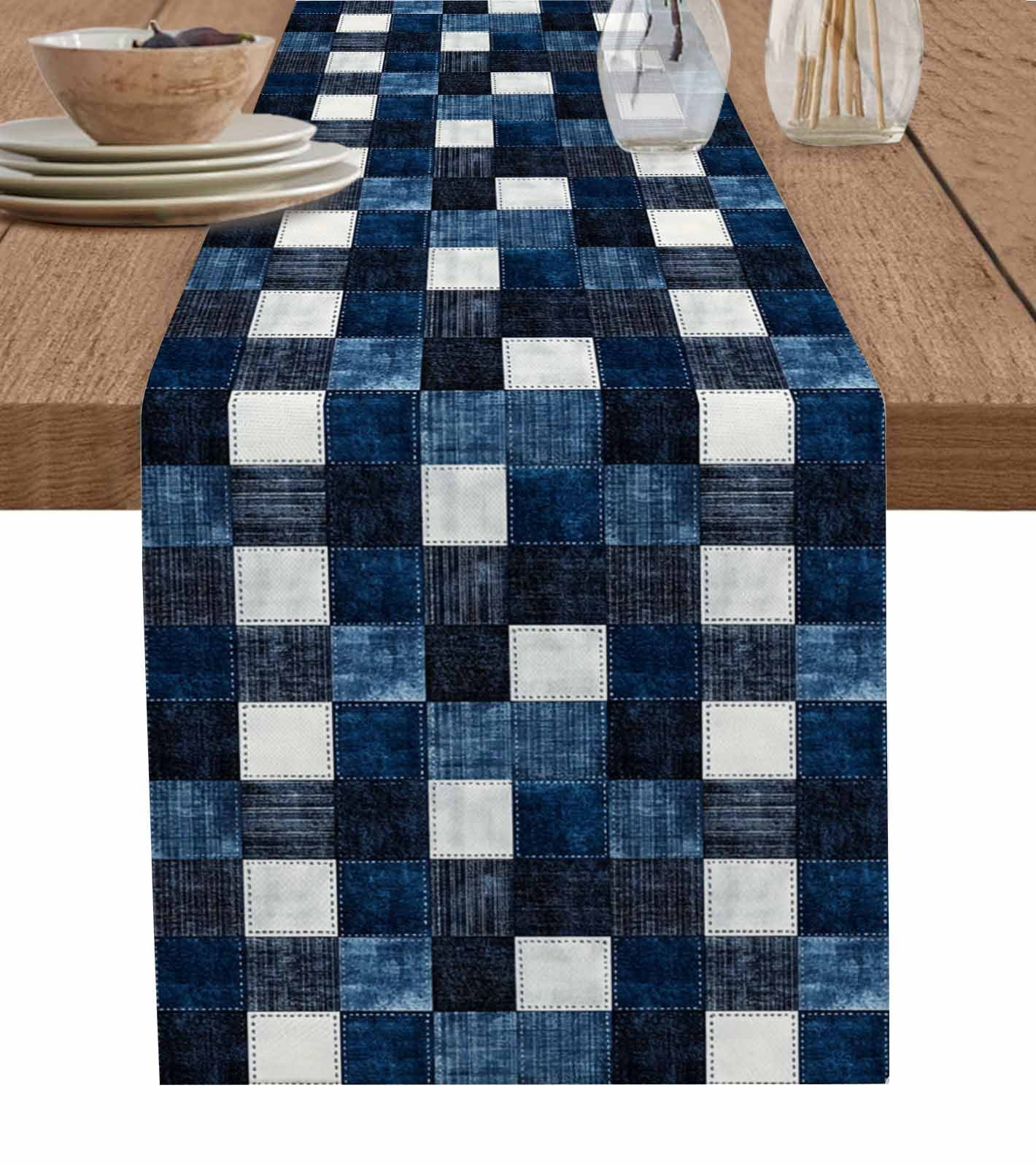 Blue White Plaid Table Runner 72 Inches, Modern Geometric Checkered Bed ...