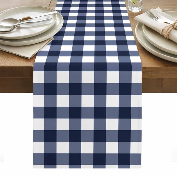 Blue White Plaid Table Runner, Country Gradient Blue Line Cotton Linen ...