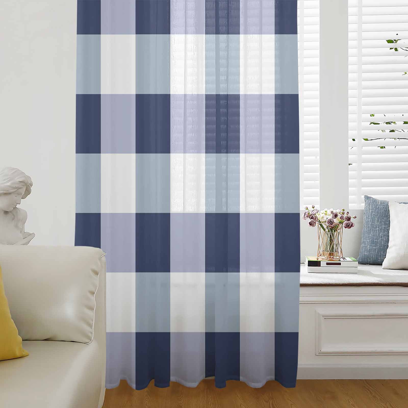 Blue White Plaid Window Curtain 84 Inches Long,Modern Geometric ...