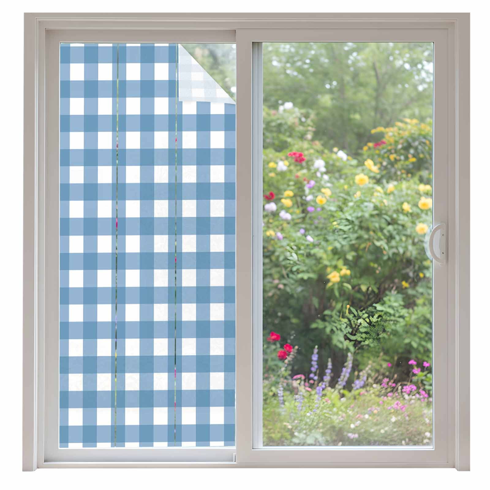 Blue White Plaid Window Privacy Film, Gradient Geometric Buffalo ...