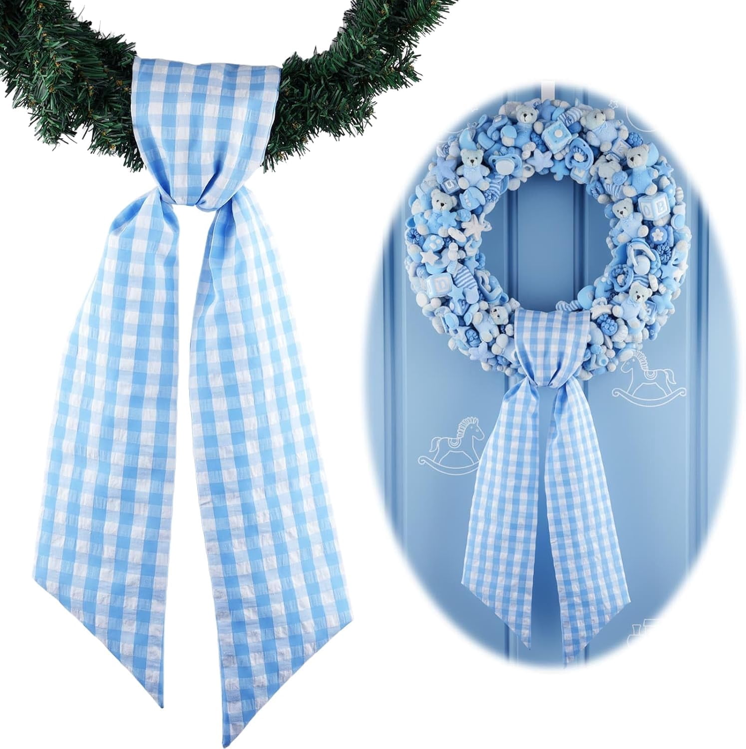 Blue White Plaid Wreath Sash Front Door Decoration, Blank Sash ...