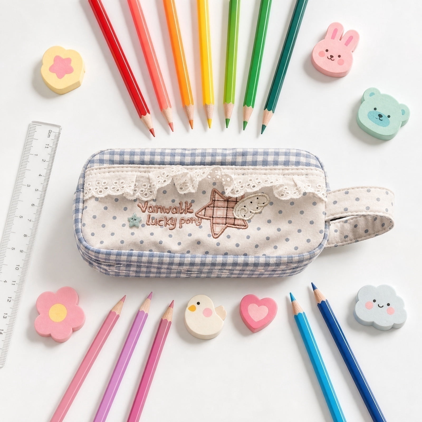 Blue White Polka Dot Pen Case Large Capacity Lace Trim Pencil Bag ...