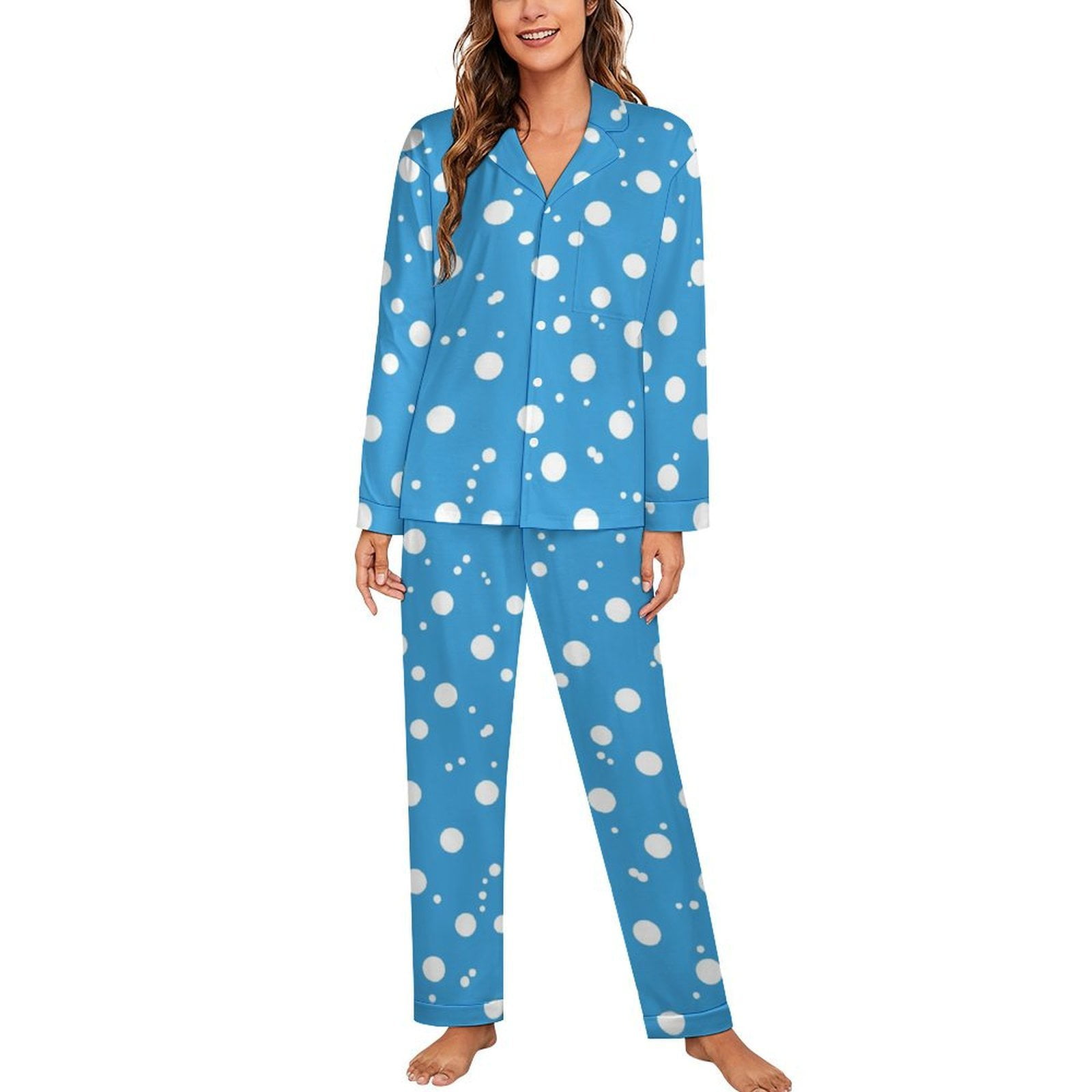 Blue White Polka Dots Pajamas Woman Home Suit Autumn Long Sleeve 2 ...