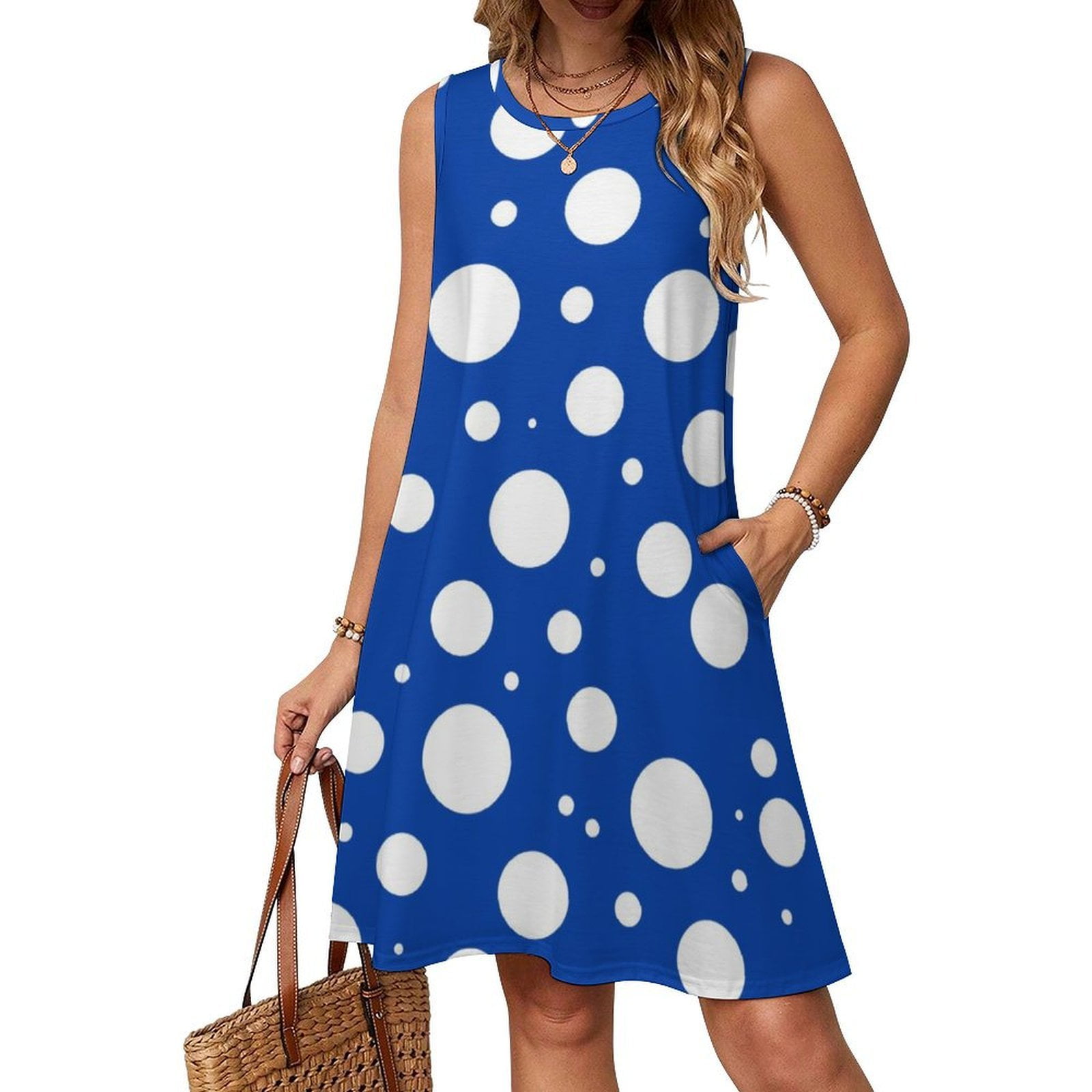 Blue White Polka Dots Summer Spring Dress Women Sleeveless Casual ...