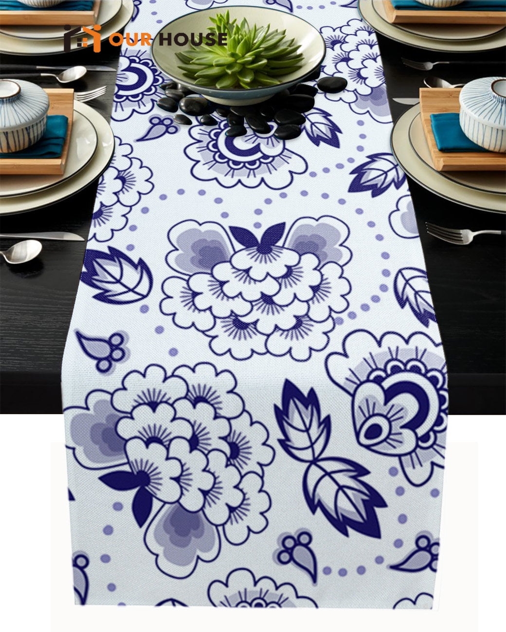 Blue White Porcelain Flowers Texture Table Runner Party Wedding ...
