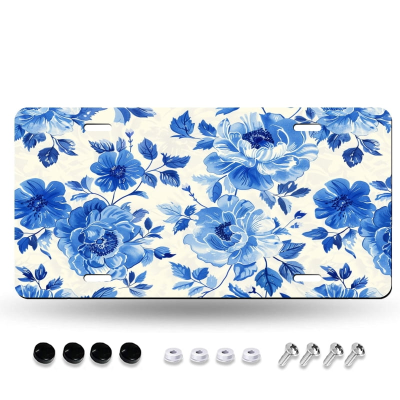 Blue and White Porcelain-Inspired Floral Pattern License Plate Frame ...