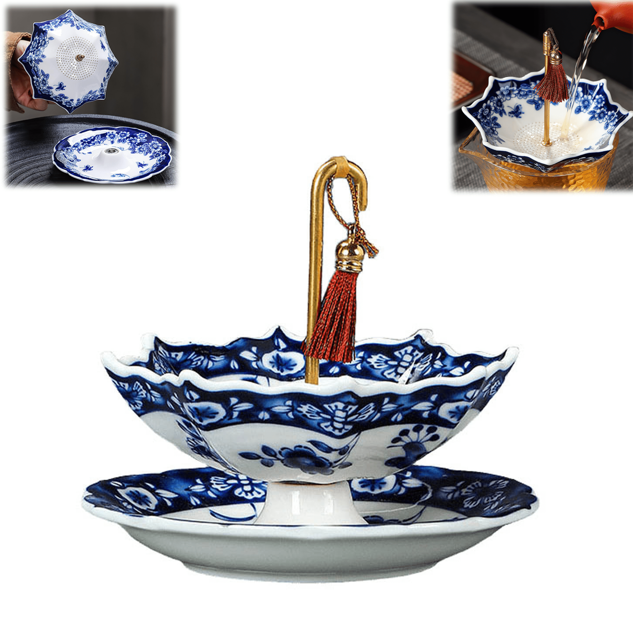 Blue White Porcelain Tea Strainer - Umbrella Tea Diffuser, Rotatable ...