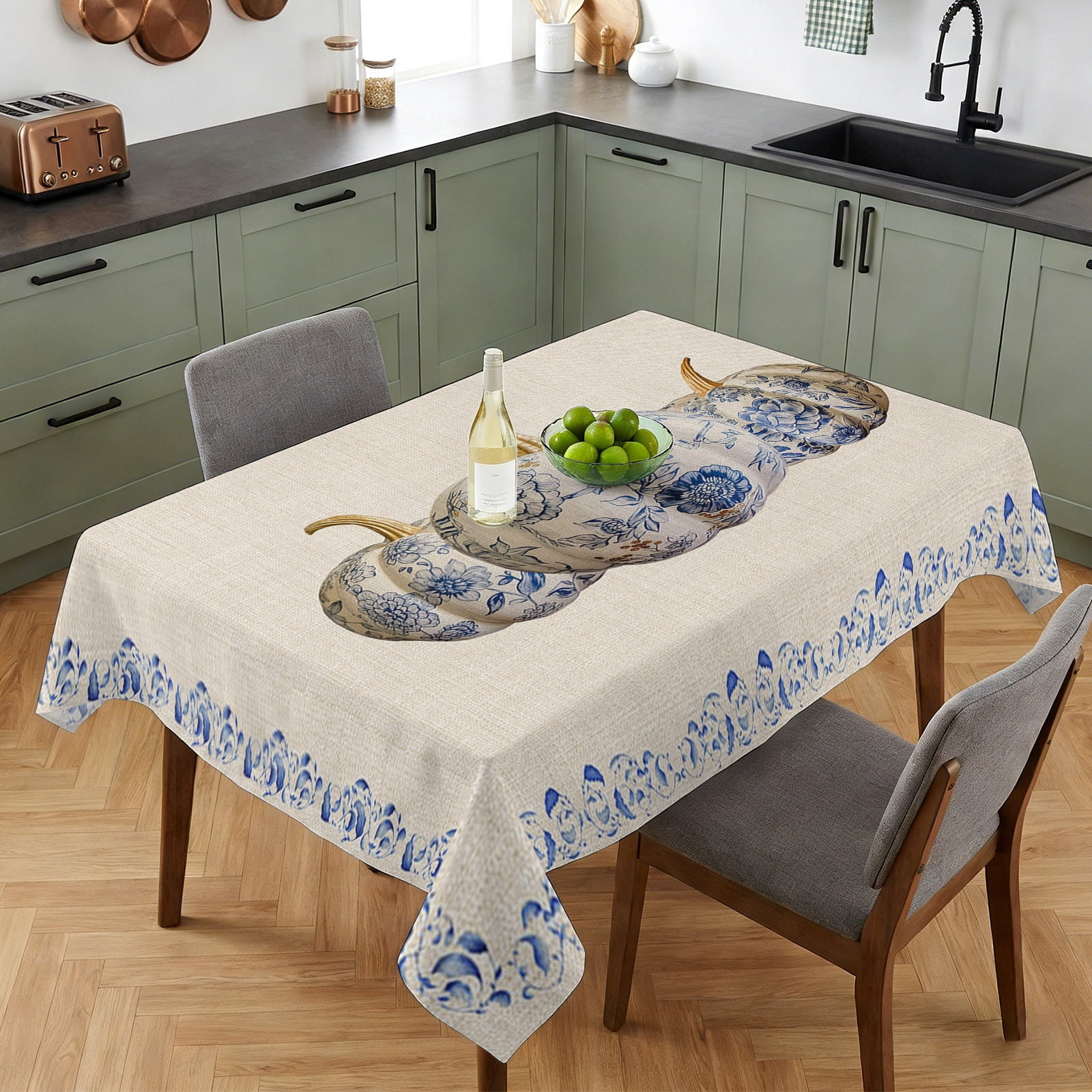 Blue White Porcelain Texture Pumpkin Table Cloth 52x70in, Waterproof ...