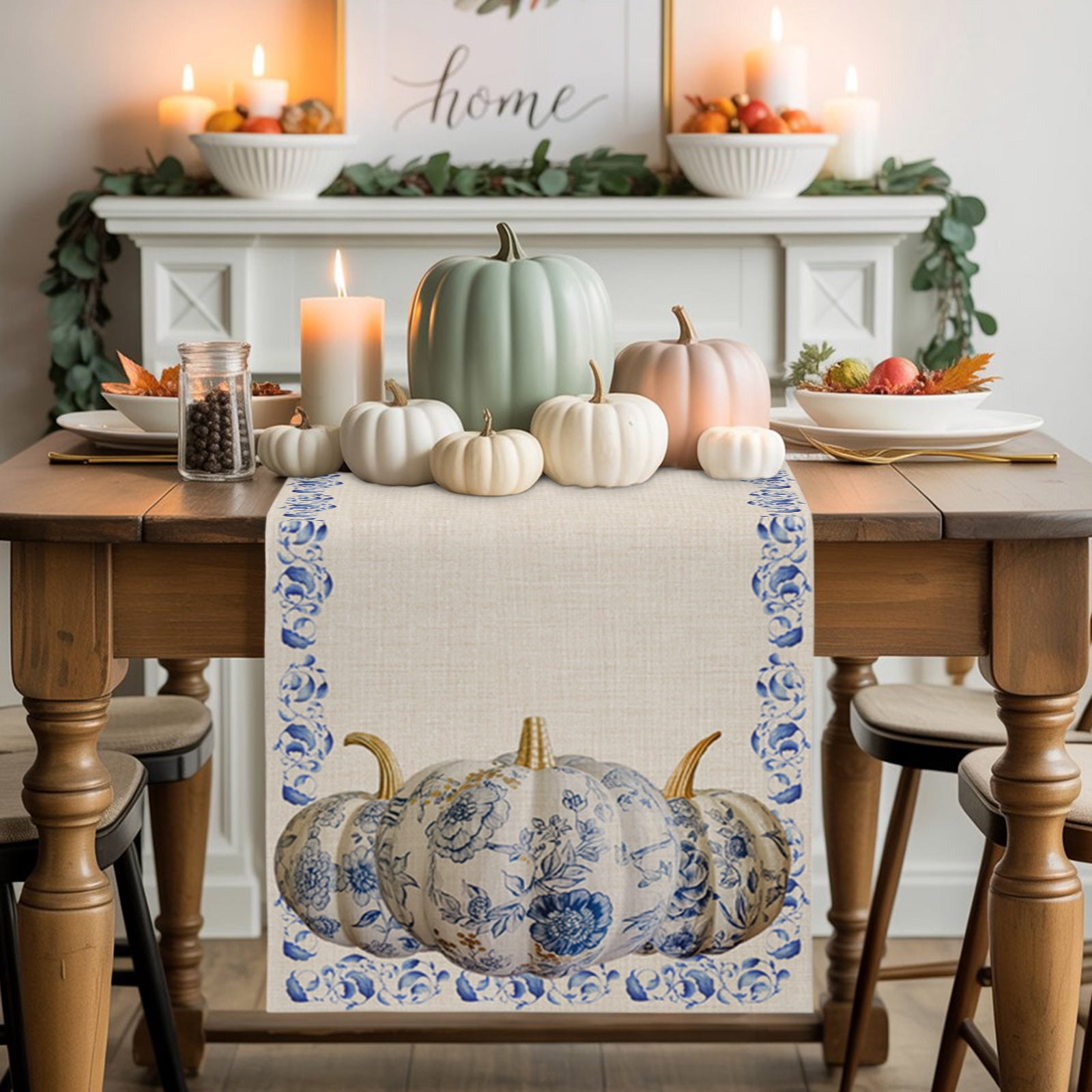 Blue White Porcelain Texture Pumpkin Table Runner 13x48in Non-Slip ...