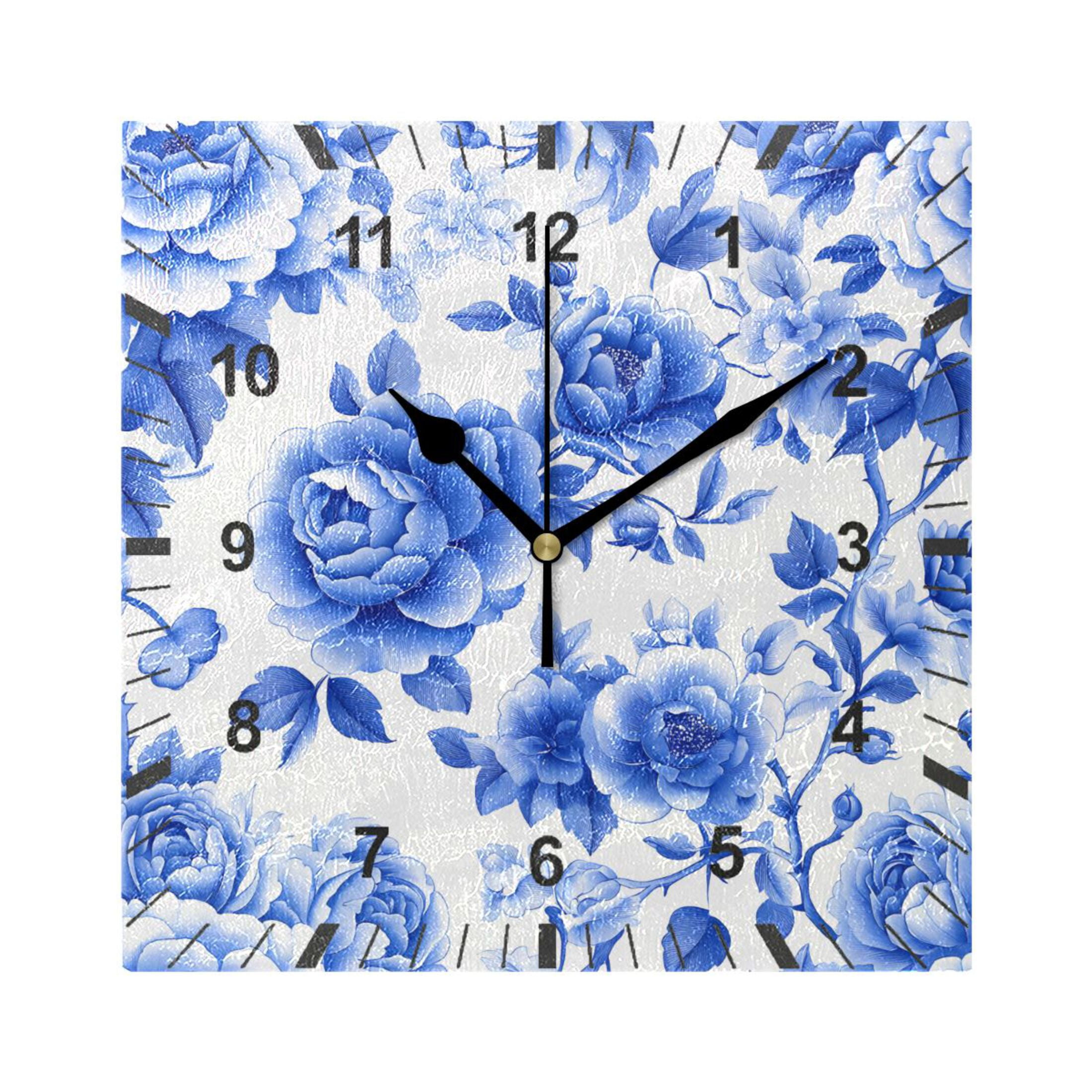 Blue White Porcelain with Roses Wall Clock Battery Operated Silent Non ...