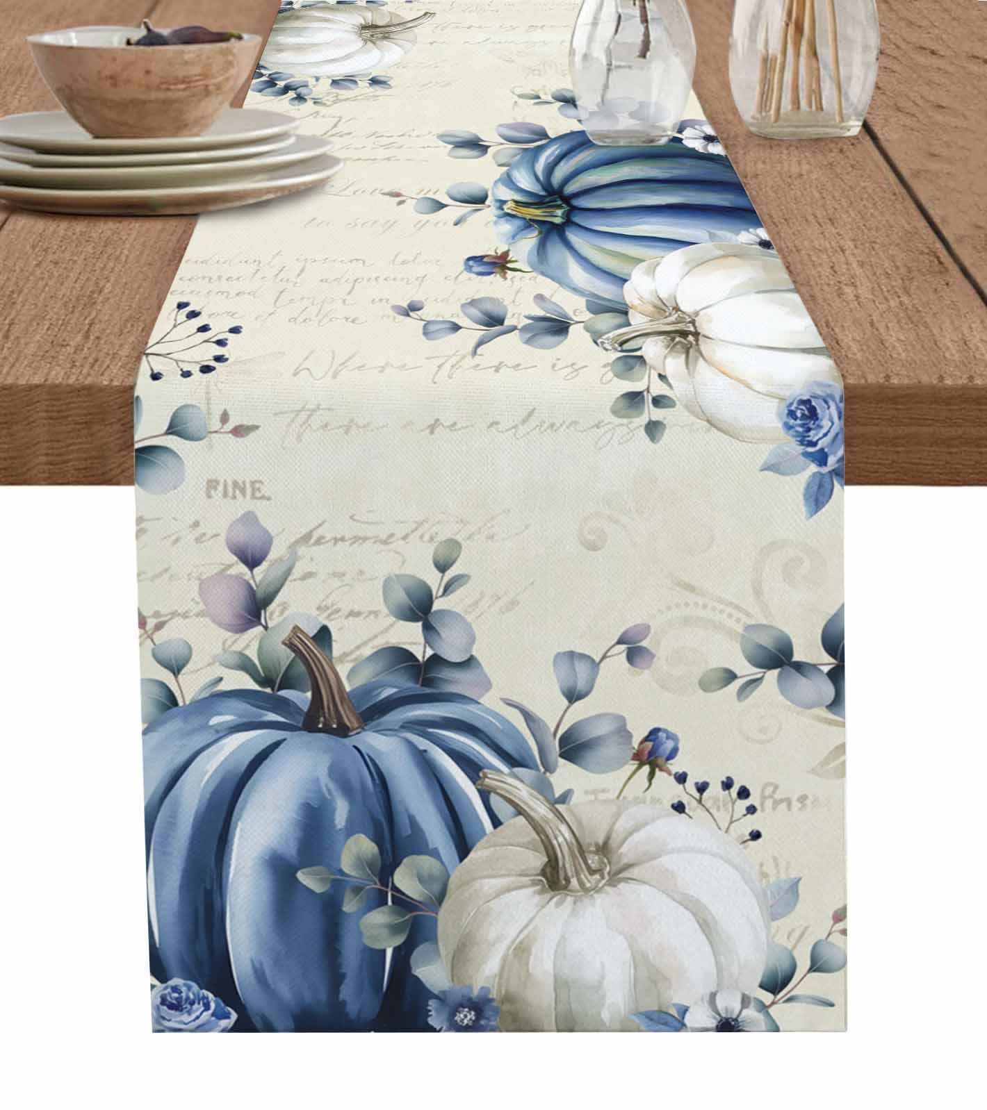 Blue White Pumpkin Table Runner 48 Inches, Rustic Fall Thanksgiving ...
