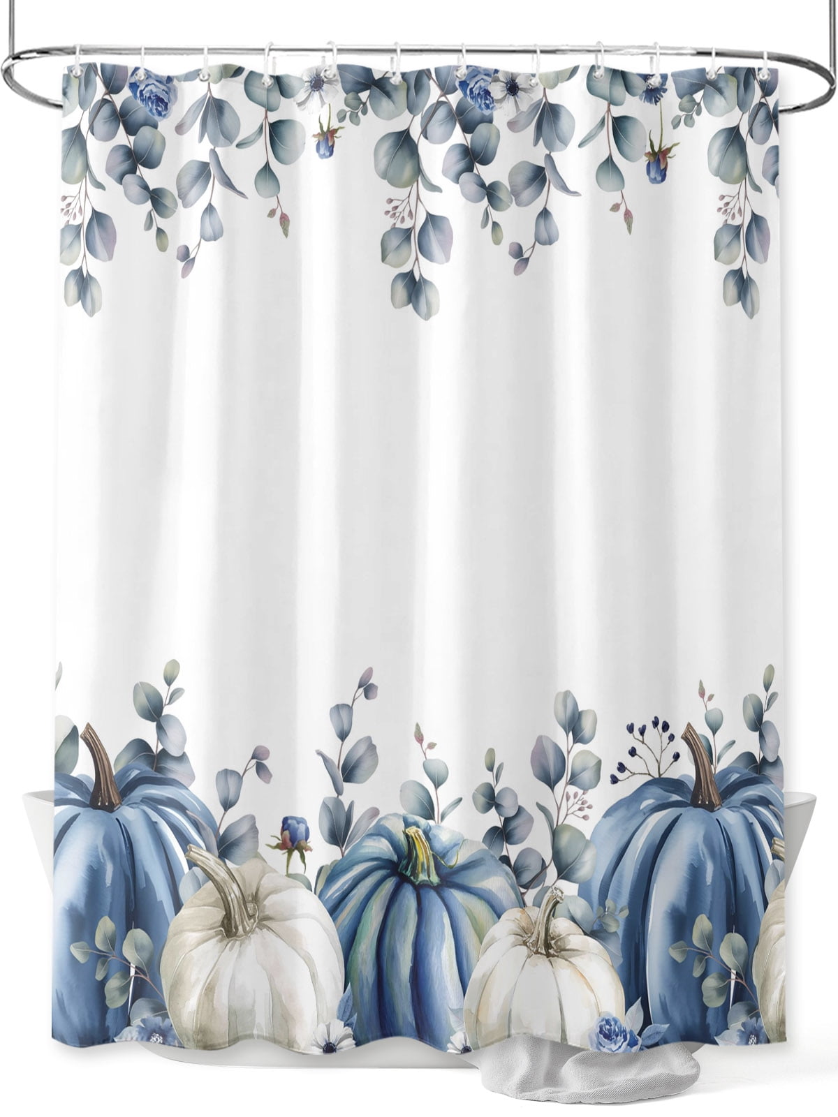 Blue White Pumpkin Thanksgiving Shower Curtain 72"W x 72"L Fabric ...