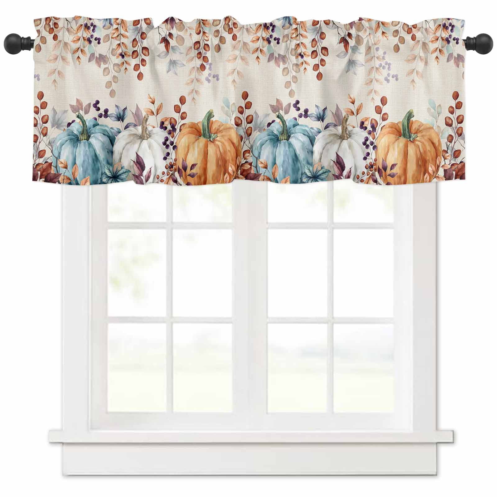 Blue White Pumpkin Valances for Windows Farmhouse Kitchen Curtains ...