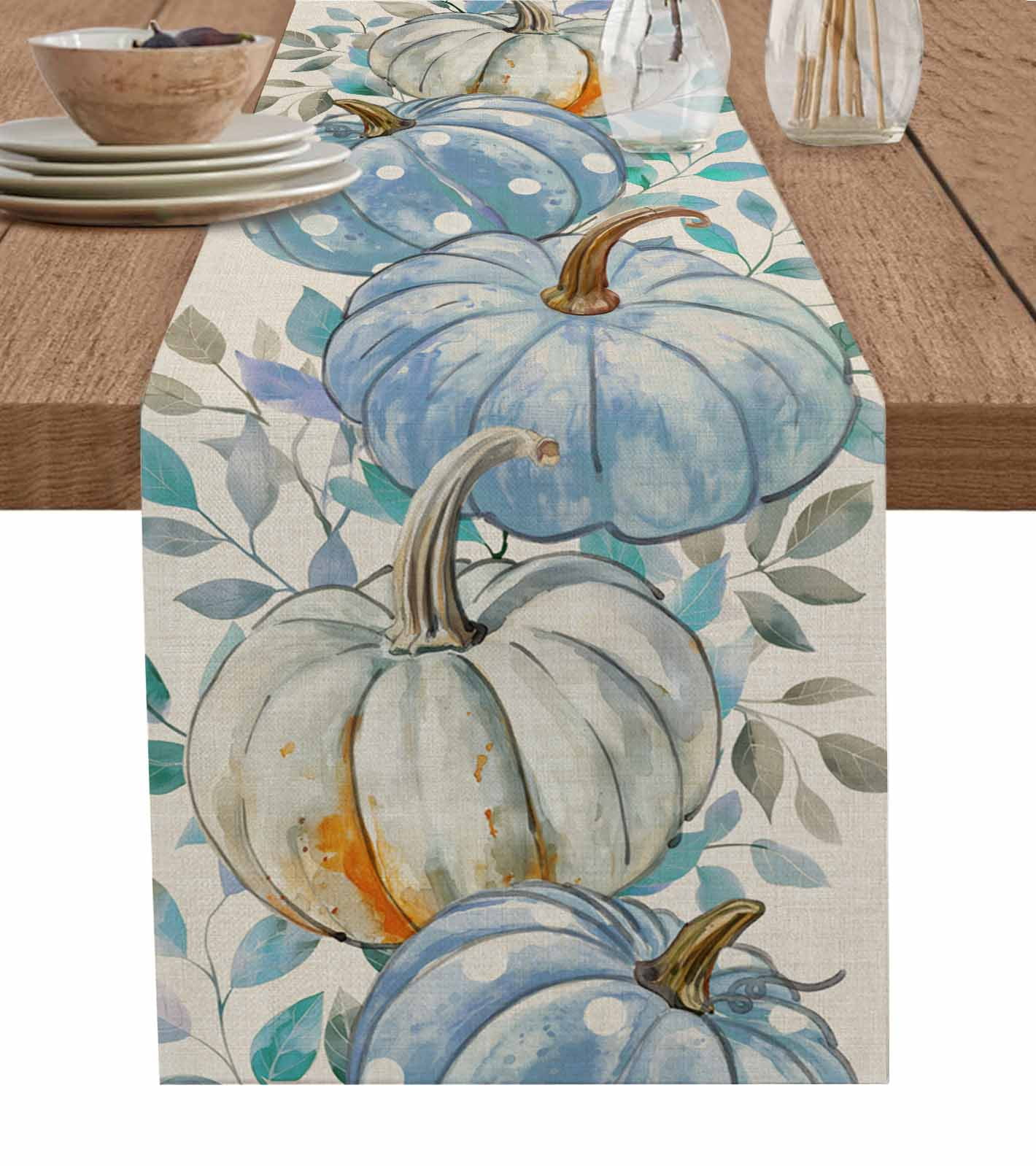 Blue White Pumpkins Burlap-Cotton Table Runner 60 Inches Long,Fall ...