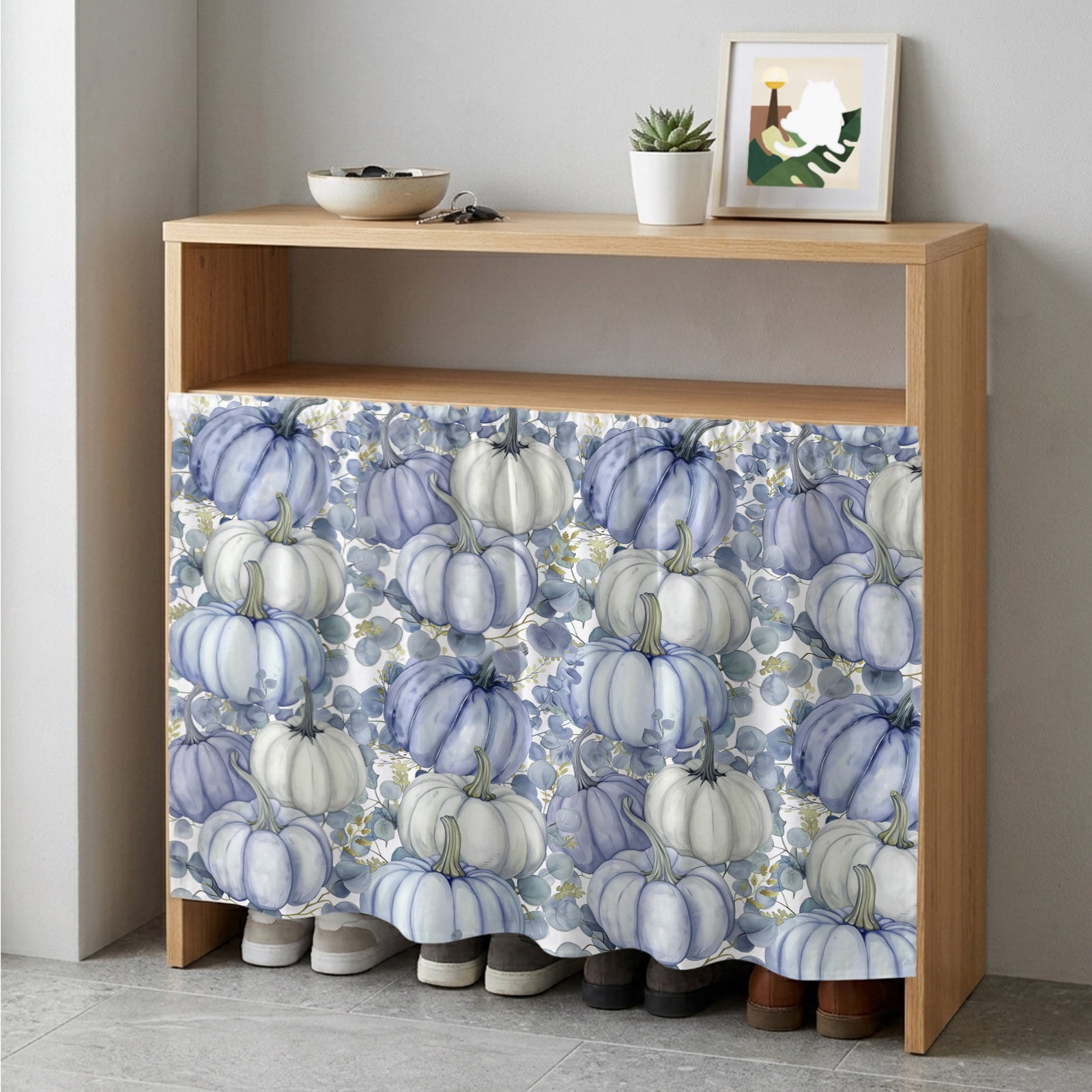 Blue White Pumpkins Fall Cabinet Curtain 35"Wx35"L,Dustproof Under Sink ...