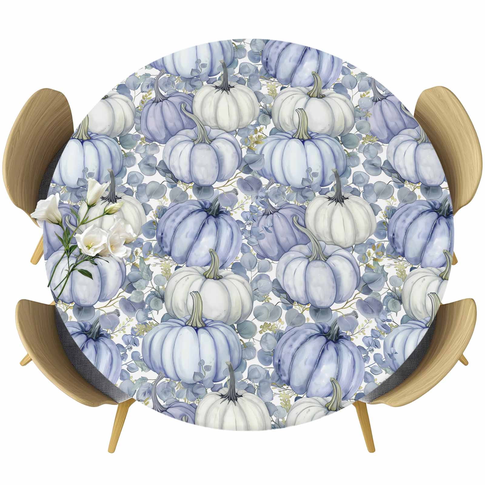 Blue White Pumpkins Fall Table Cloth, Round Fitted Tablecloths with ...