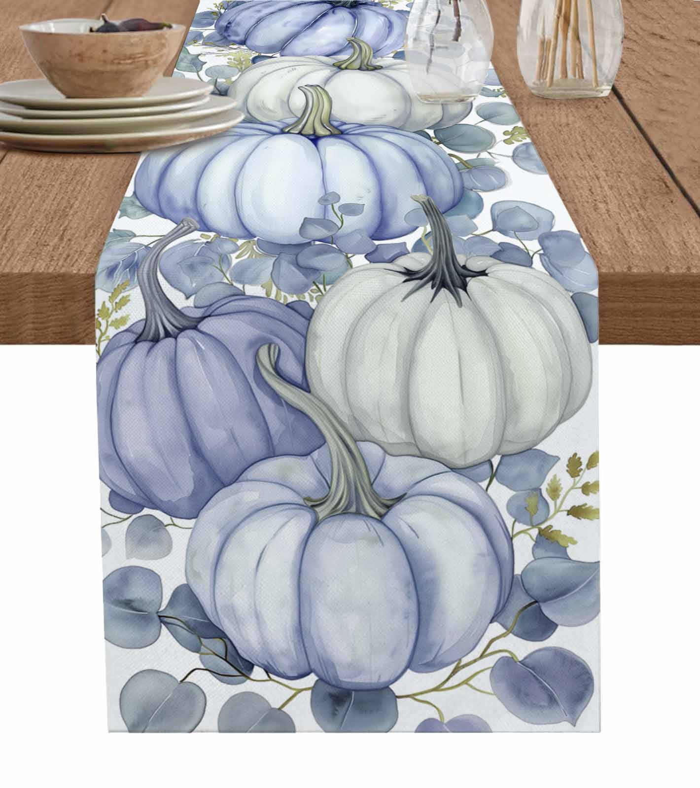 Blue White Pumpkins Fall Table Runner Thanksgiving Eucalyptus Leaves ...