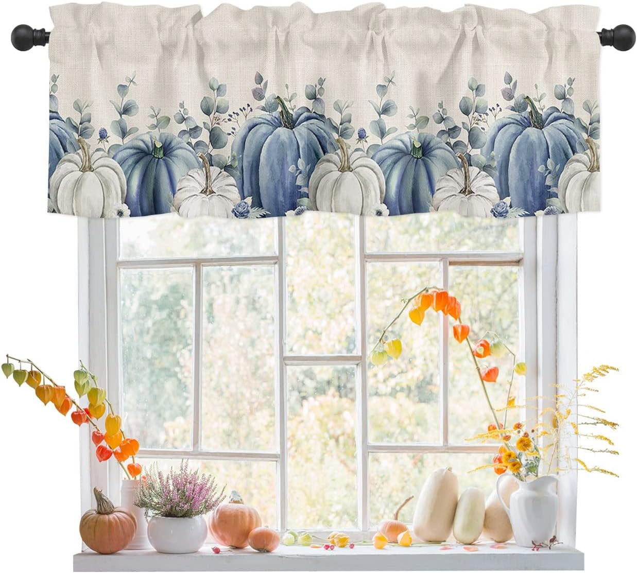 Blue White Pumpkins Fall Valances for Windows Farmhouse Decor ...