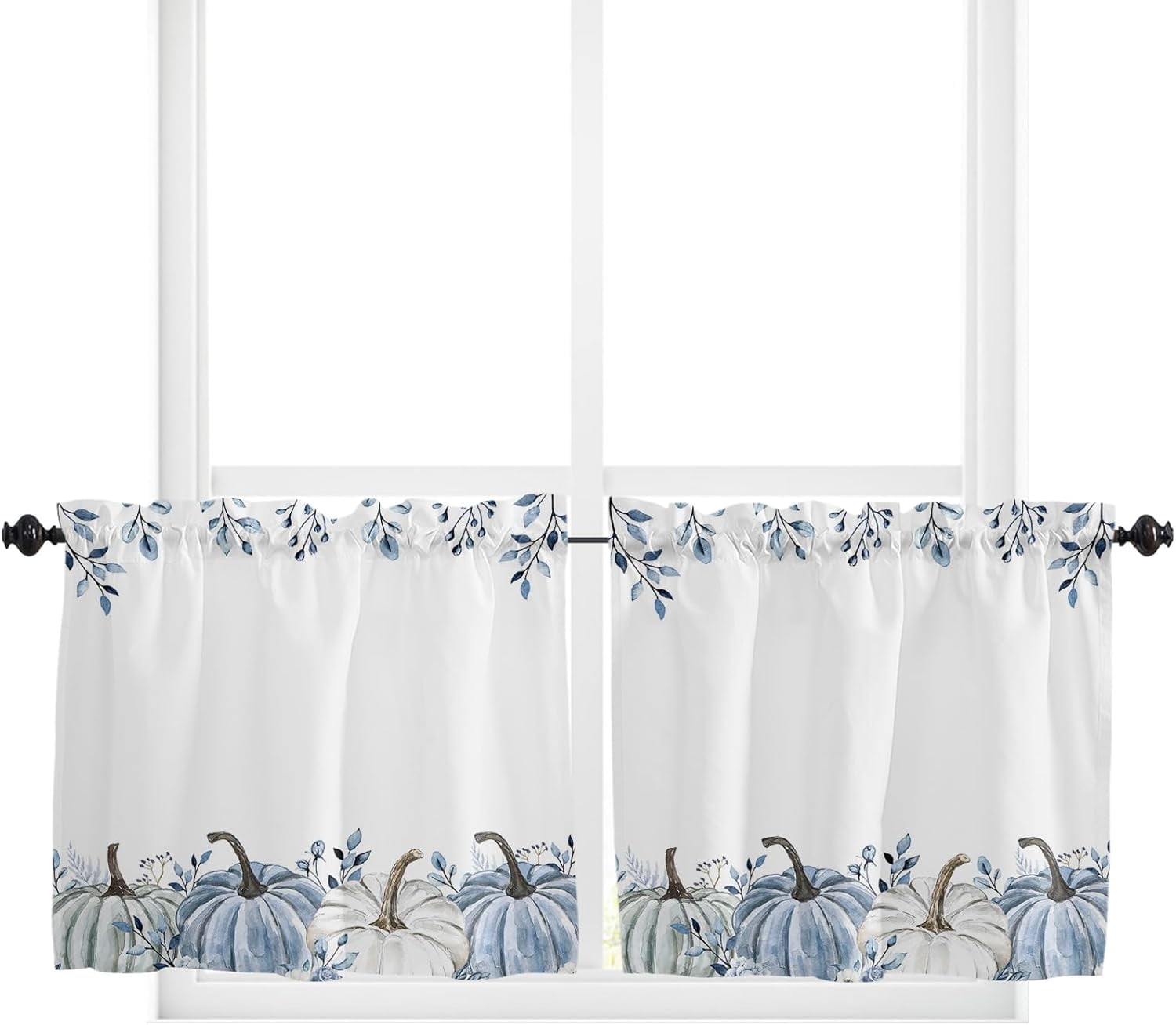 Blue White Pumpkins Kitchen Curtain 2 Panels Tiers Curtains 36 Inch ...