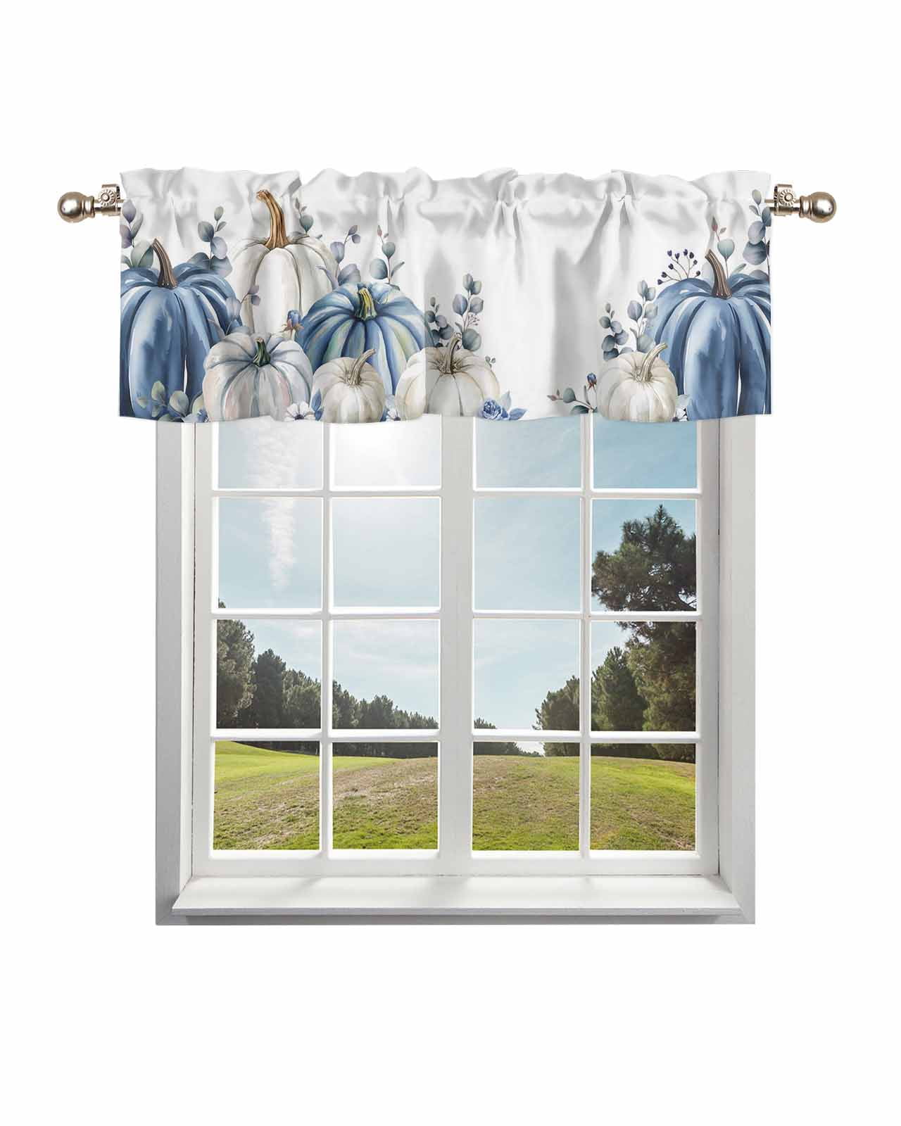 Blue White Pumpkins Kitchen Curtain Valances for Windows Farmhouse ...