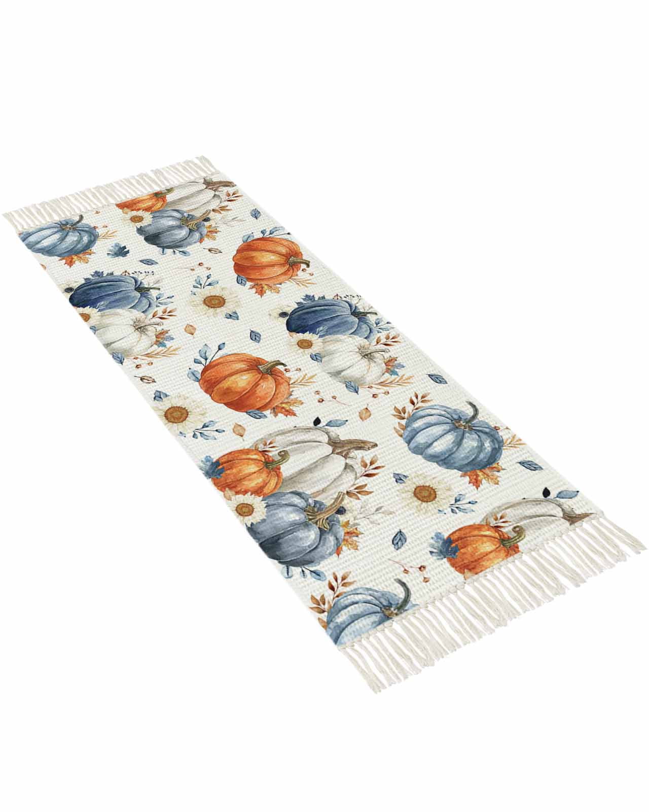Blue White Pumpkins Kitchen Runner Rug 2'x4', Washable Woven Cotton ...