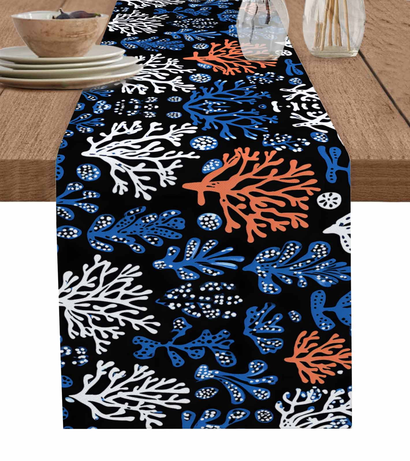 Blue White Red Coral Table Runner 72 Inches, Summer Coastal Ocean Bed ...