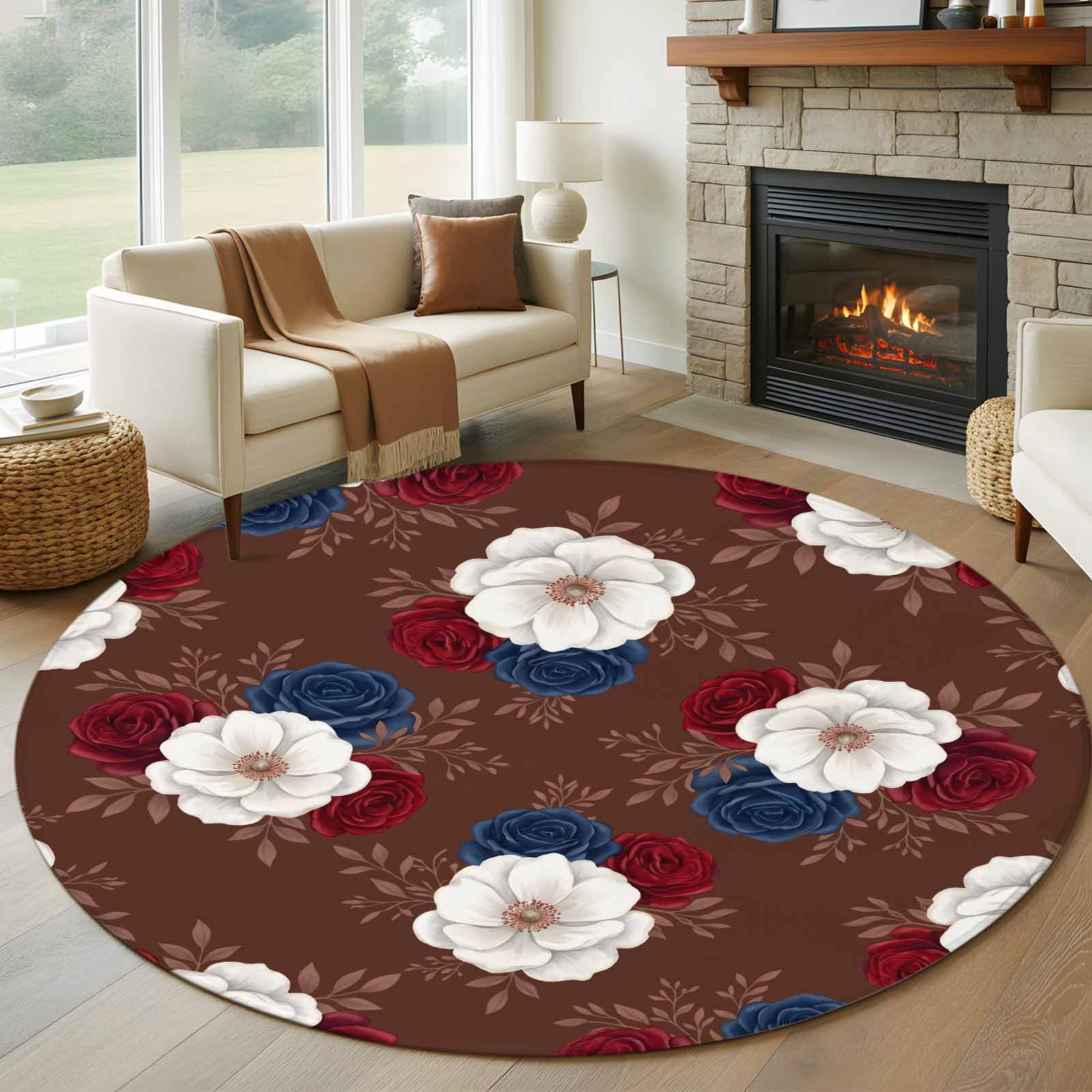 Blue White Red Rose 8' Round Rug for Open Concept Living Room Seating ...
