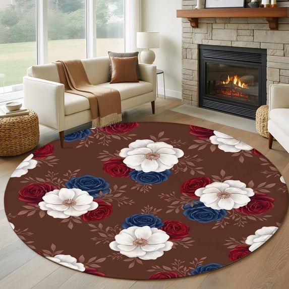 Blue White Red Rose 8' Round Rug for Open Concept Living Room Seating ...