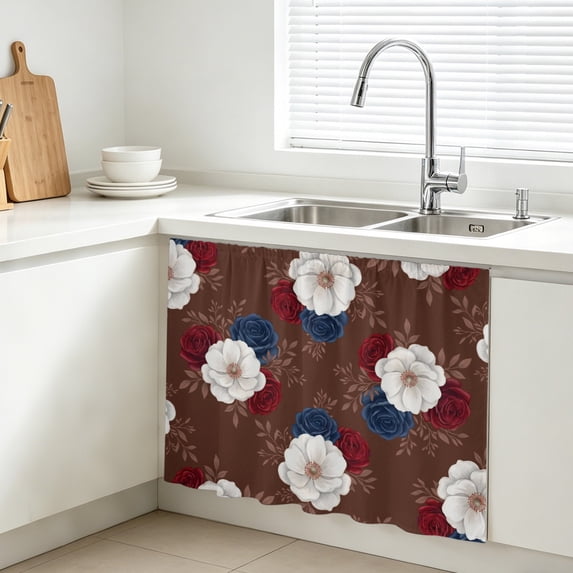 Blue White Red Rose Cabinet Curtains for Kitchen 28"W x 35"L, Patriotic ...