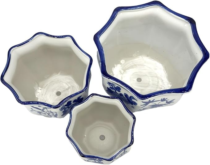 Blue & White Round Fluted Floral Palm Lotus Porcelain Ceramic Plant ...