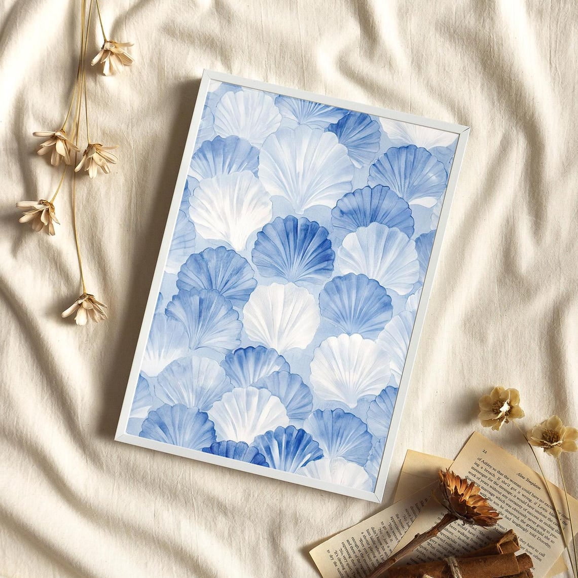 Blue White Seashells Wall Art, Coastal Cowgirl Decor, Unframed Canvas ...