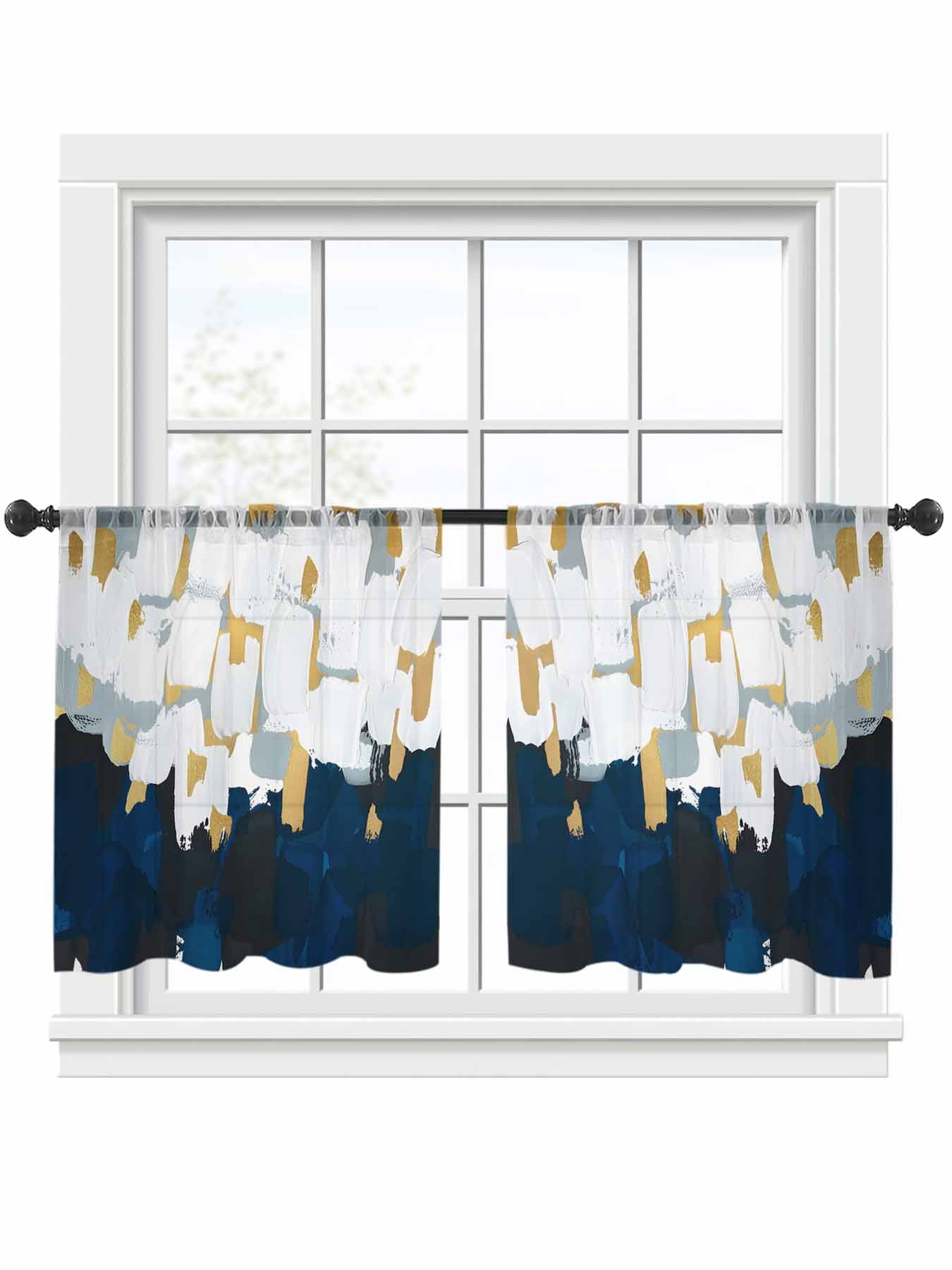 Blue White Sheer Curtains 45 Inch Length 2 Panels Set, Semi Transparent ...
