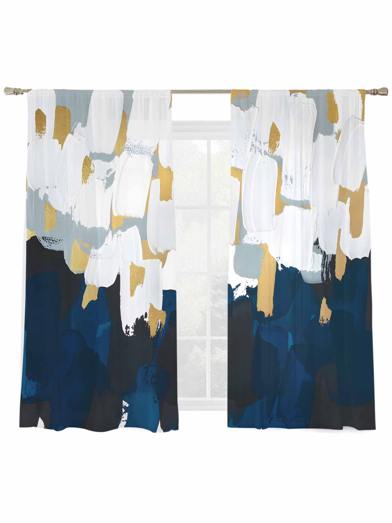 Blue White Sheer Curtains 63 Inch Length 2 Panels Set, Semi Transparent ...