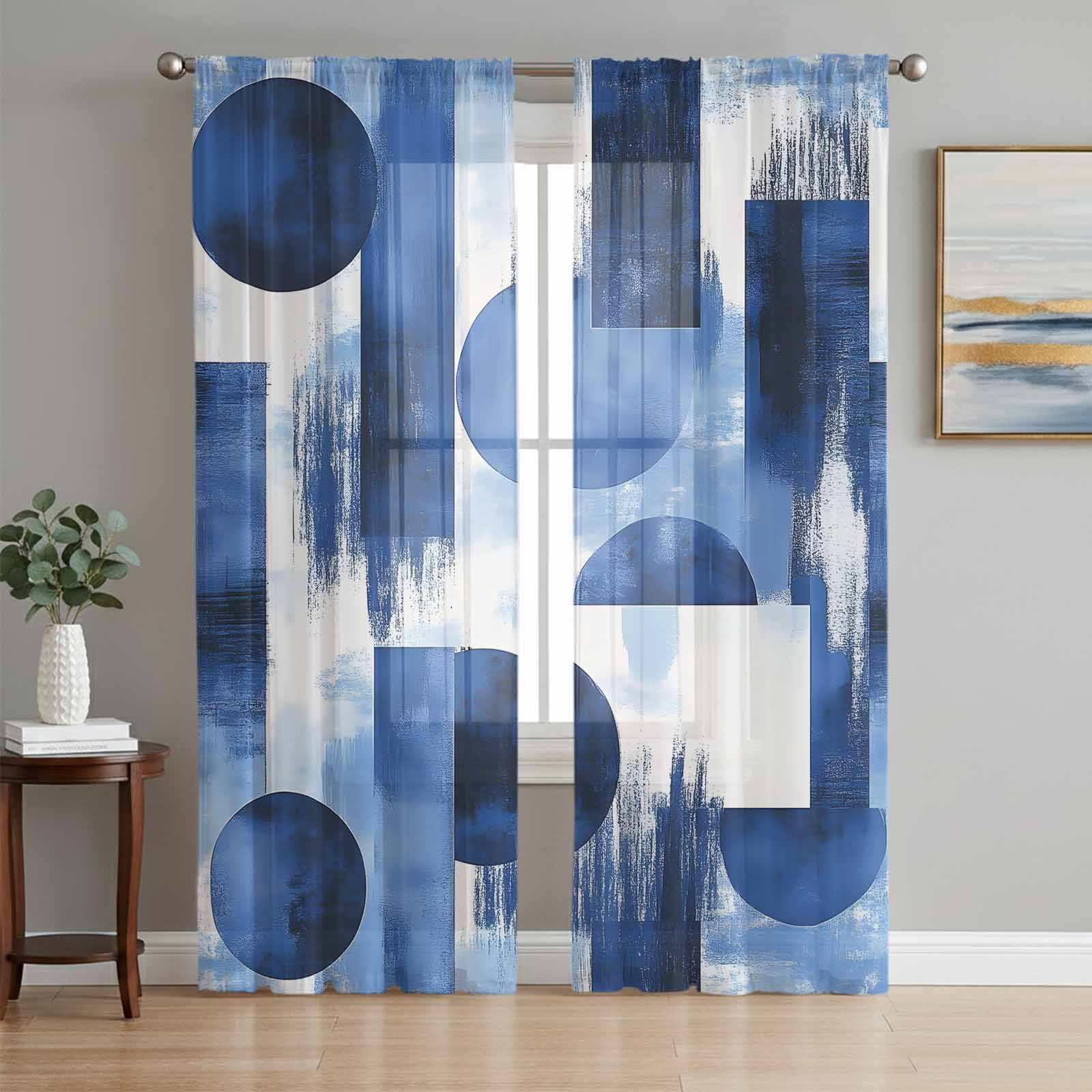Blue White Sheer Curtains 84 Inch Length 2 Panels Set, Geometric ...