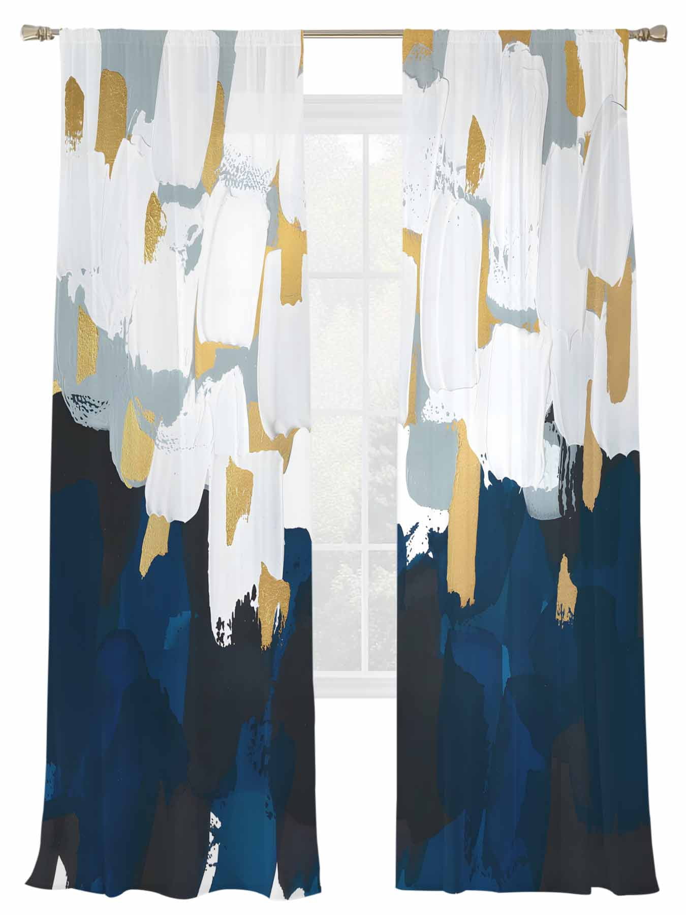 Blue White Sheer Curtains 84 Inch Length 2 Panels Set, Semi Transparent ...