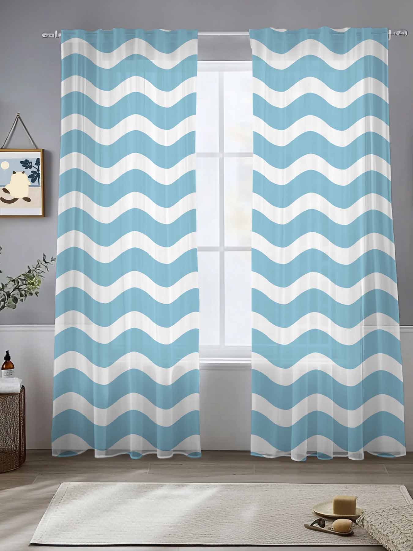 Blue White Sheer Curtains for Living Room Bedroom Modern Abstract Waves ...