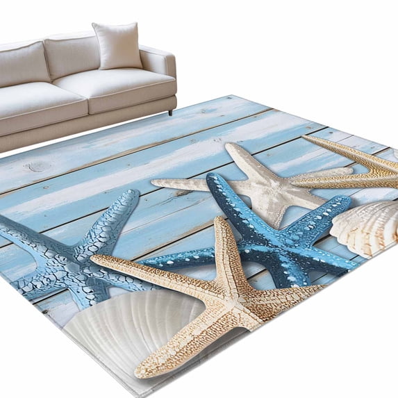 Blue White Shell Starfish Area Rugs 4x6ft Sky Blue Wood Grain Floor Rug ...