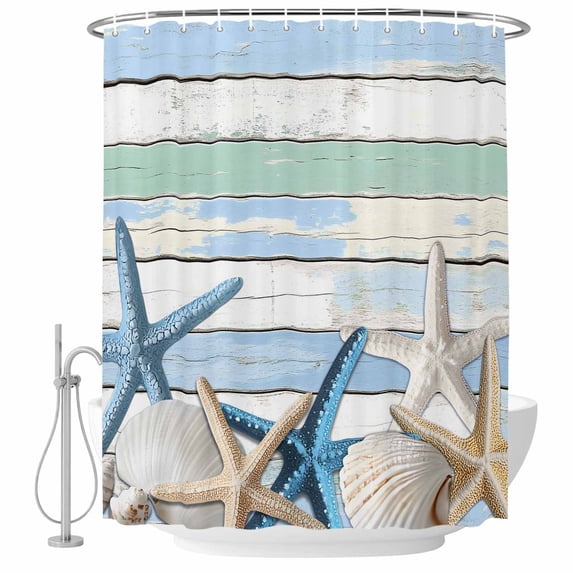 Blue White Shell Starfish Bathroom Shower Curtains with Hooks, Blue ...