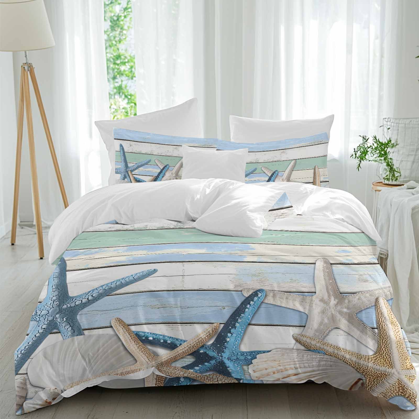 Blue White Shell Starfish Duvet Cover Set Full Size, Blue Green Wood ...
