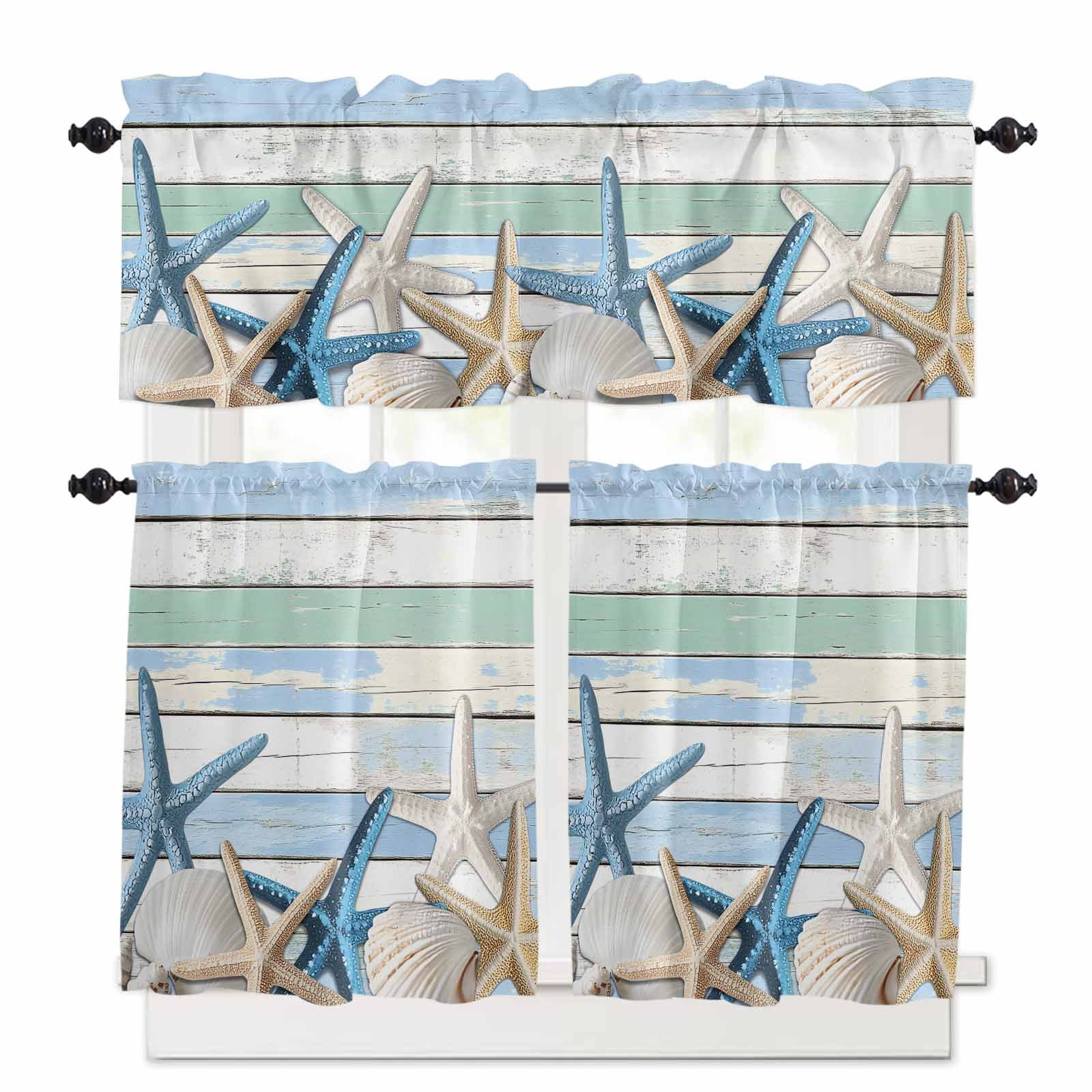 Blue White Shell Starfish Kitchen Curtains Valance and Tier Set Blue ...