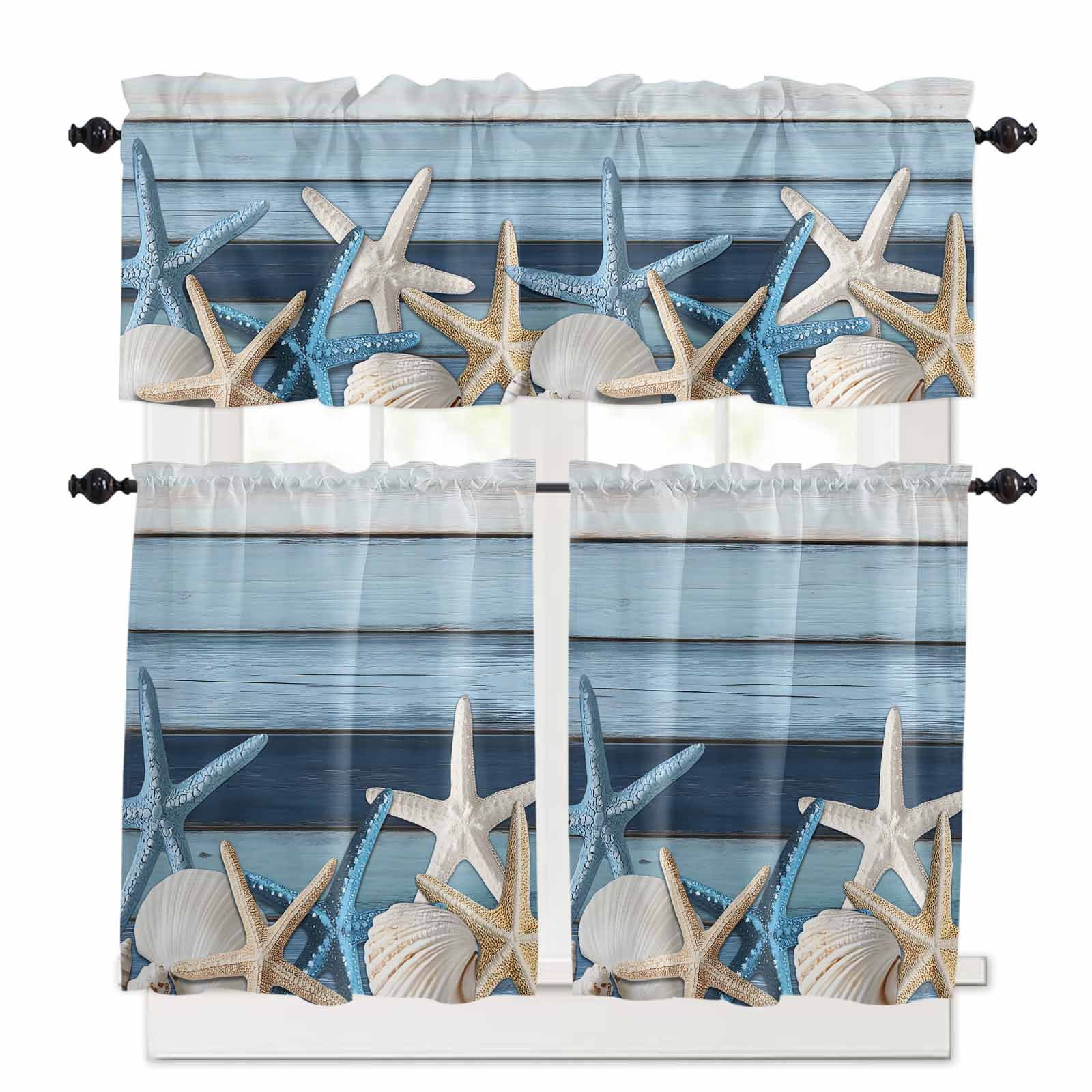 Blue White Shell Starfish Kitchen Curtains Valance and Tier Set Blue ...