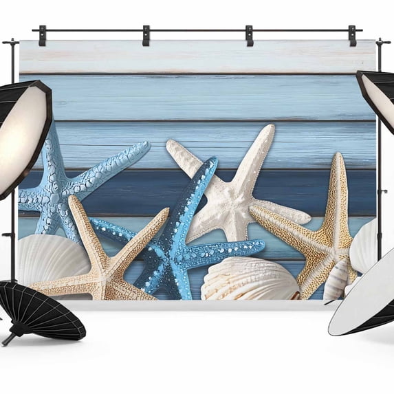 Blue White Shell Starfish Photography Backdrop 12x8FT, Blue Wood Grain ...