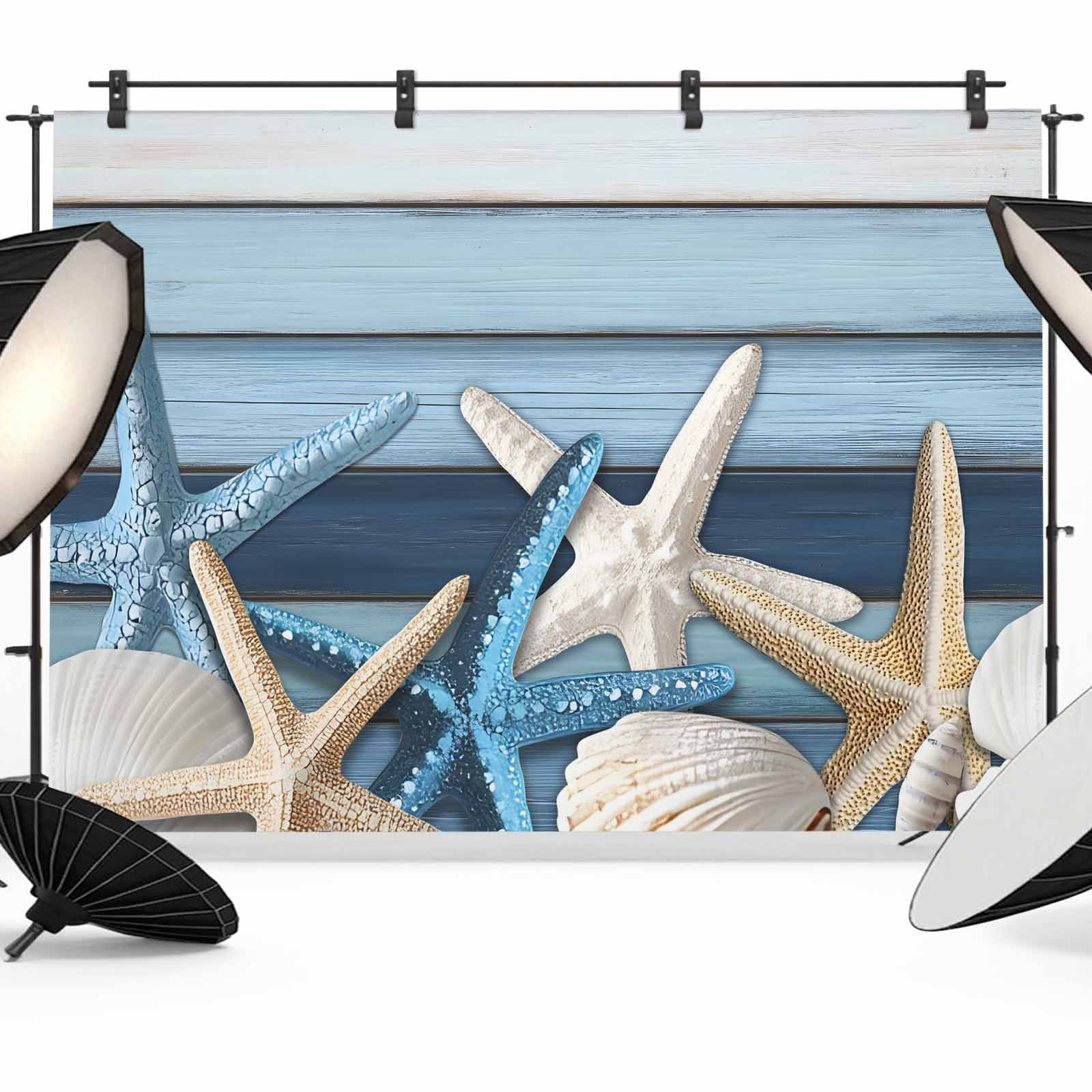 Blue White Shell Starfish Photography Backdrop 7x5FT, Blue Wood Grain ...