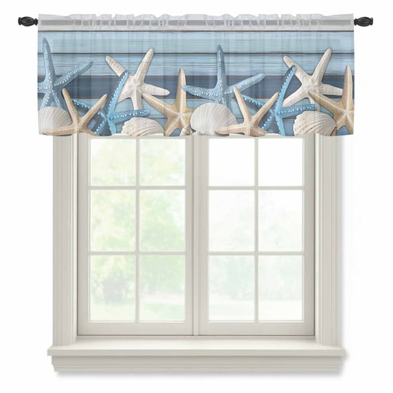 Blue White Shell Starfish Semi Sheer Valance Curtains Blue Wood Grain ...