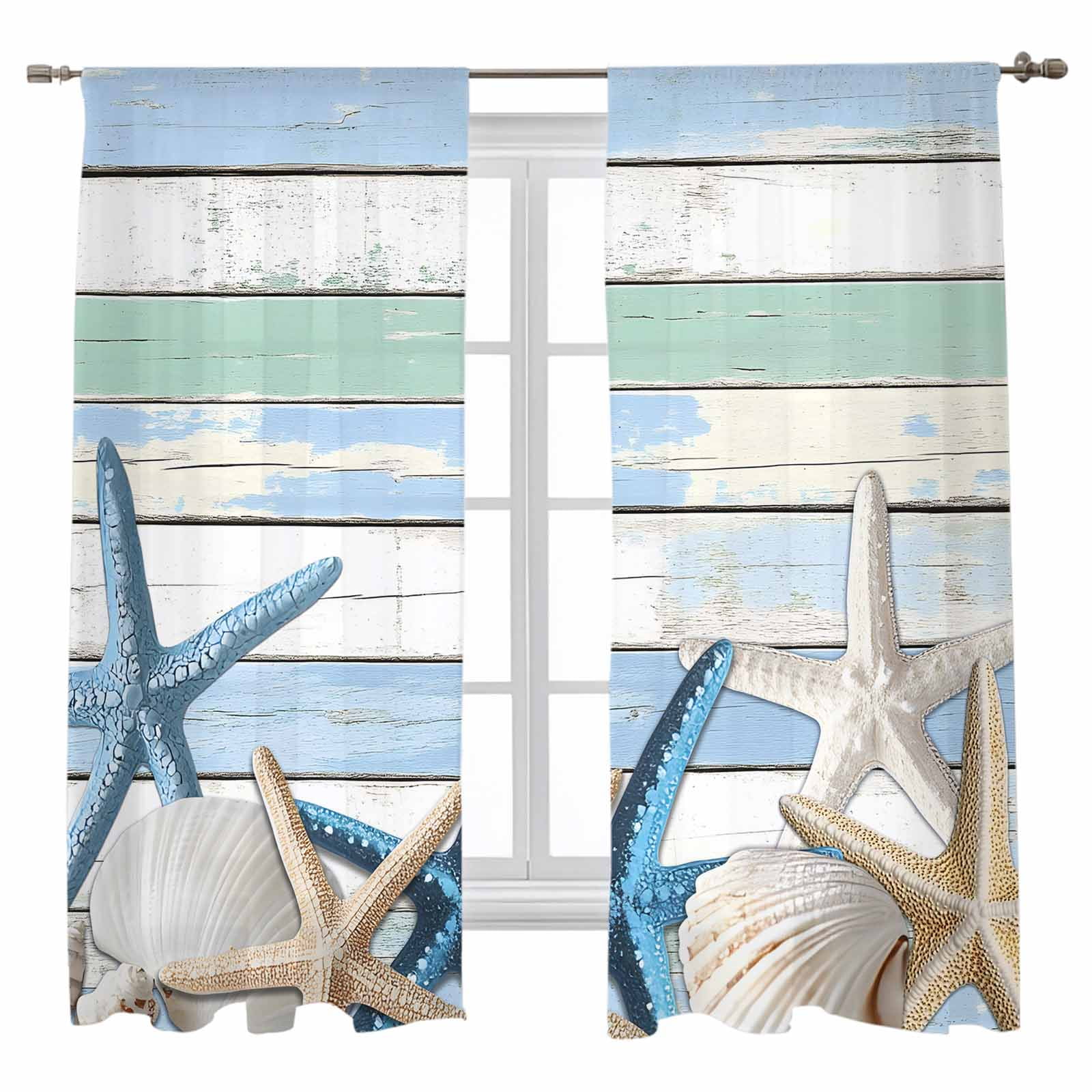 Blue White Shell Starfish Sheer Curtains 2 Panels Set, Blue Green Wood ...